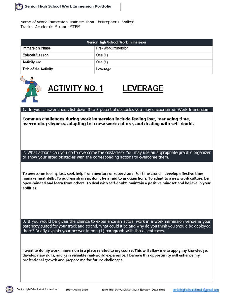 I Am Sharing 'Work Immersion Epiosde 1 - Activity Sheet' With You | PDF
