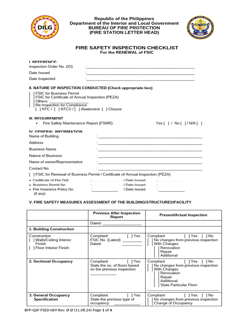 FSED 69F Fire Safety Inspection Checklist For The Renewal of FSIC Rev00 ...