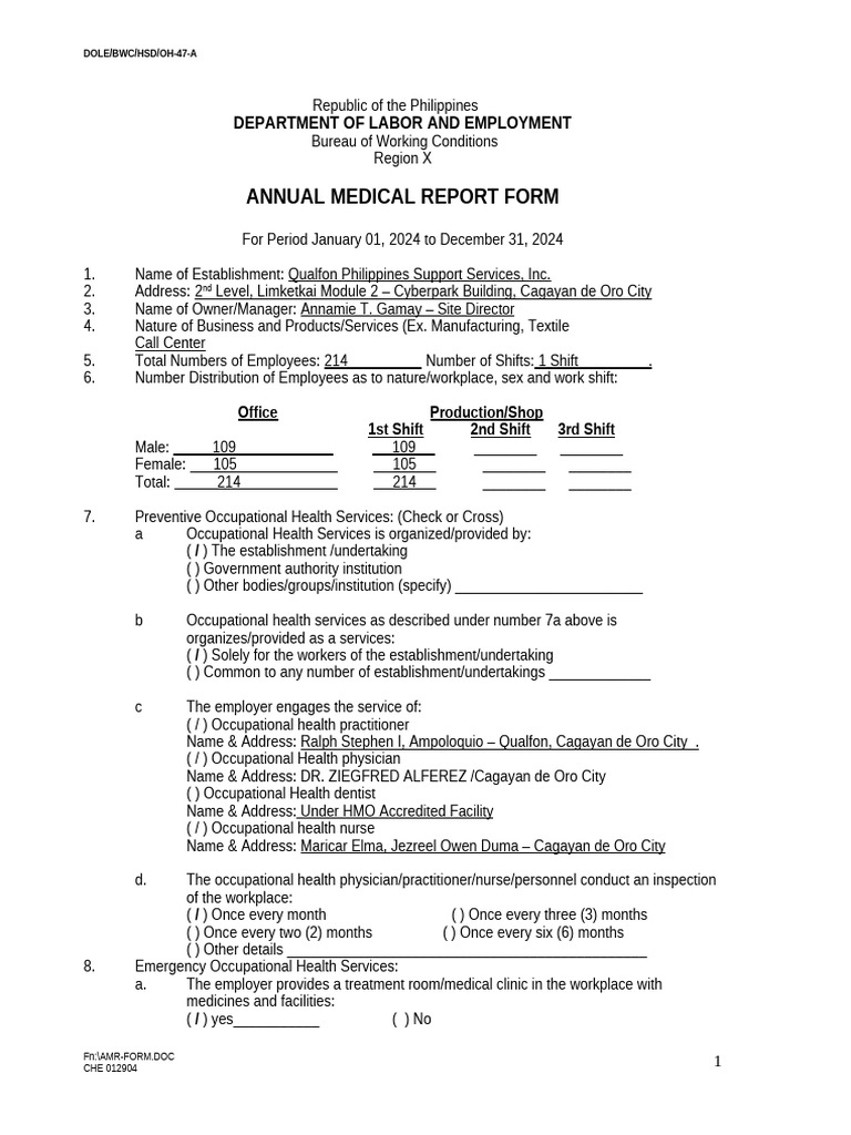 Copy of Annual Medical Report Form (DOLE_BWC_HSD_)H-47-A) | PDF ...