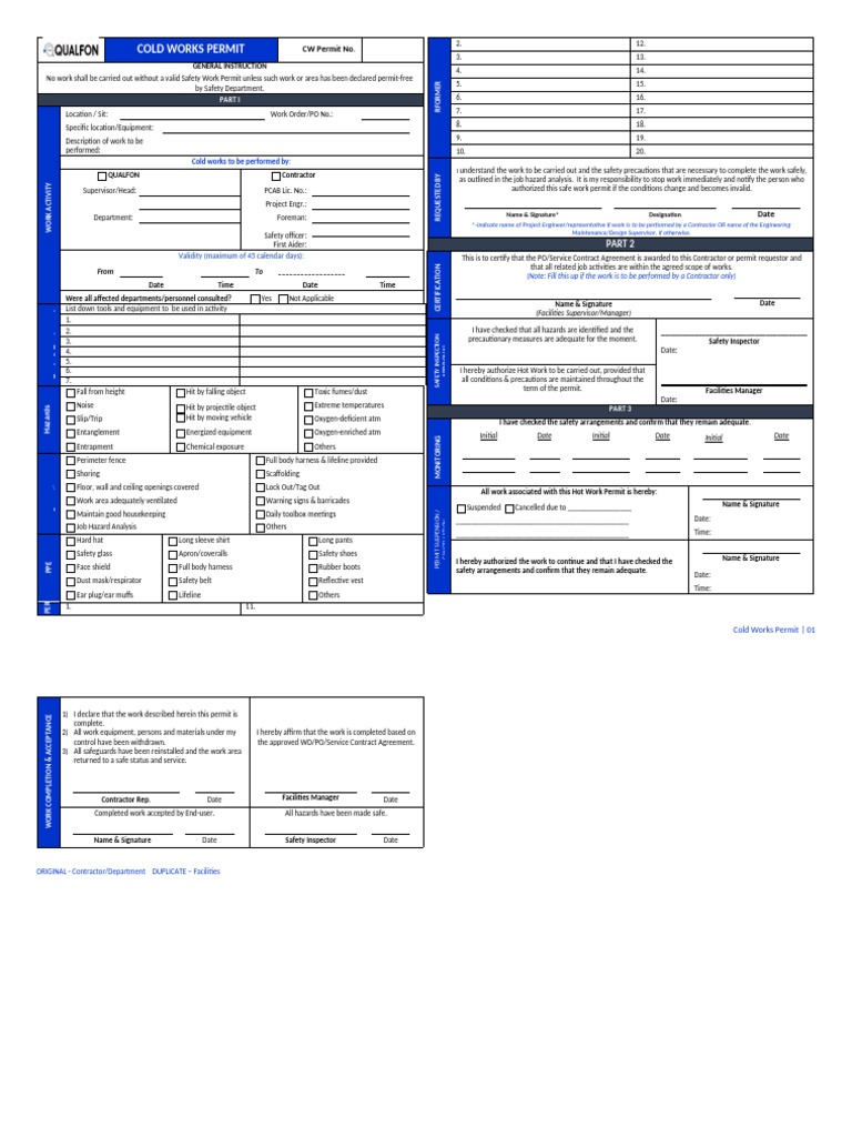 Cold Works Permit Rev 00 | PDF | Personal Protective Equipment ...