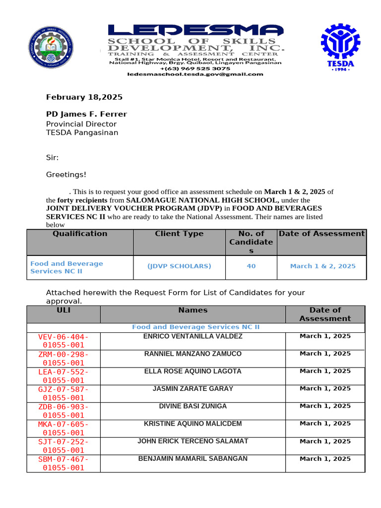 Assessment Letter (JDVP) SALOMAGUE | PDF | Career And Technical ...
