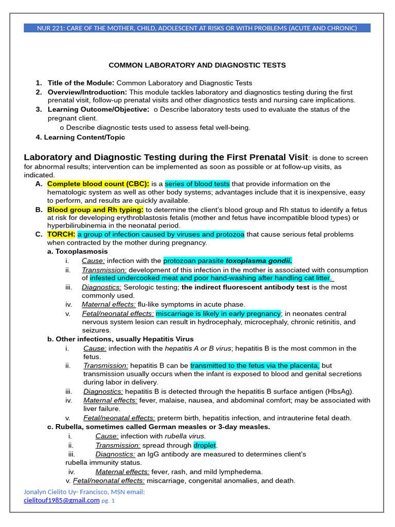 Module 2 NUR221 Lab DX Testing | PDF | Fetus | Hepatitis