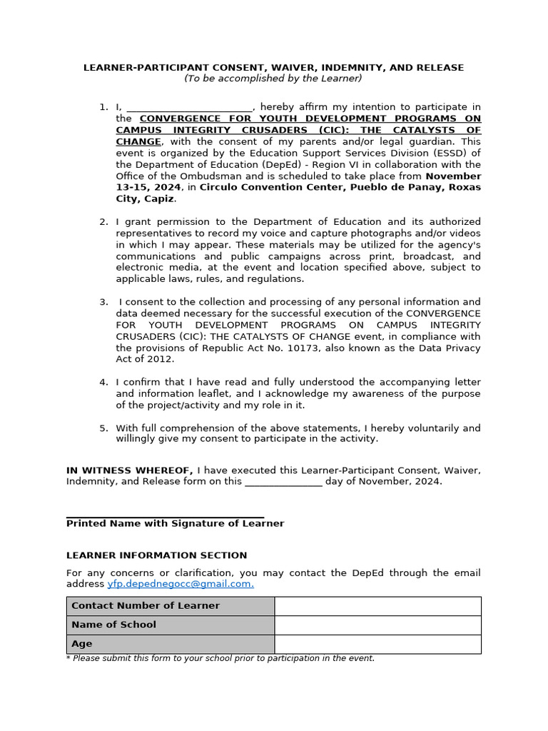 Learner Participant Consent Waiver Indemnity and Release Form | PDF | Consent | Justice