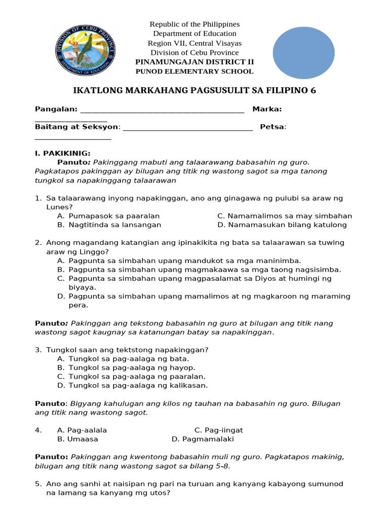 PT FILIPINO 6 Q3 (WITH TOS AND ANSWER KEY) | PDF