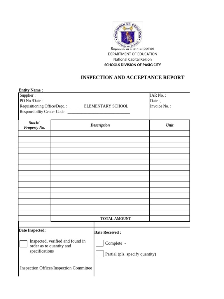 SCHOOL Ispection and Acceptance Report IAR - BLANK - Form | PDF