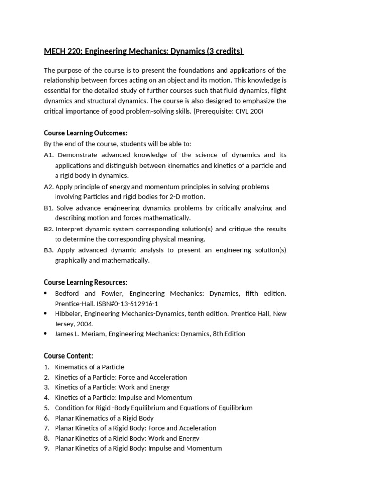 MECH 220 Engineering Mechanics Dynamics Description | PDF