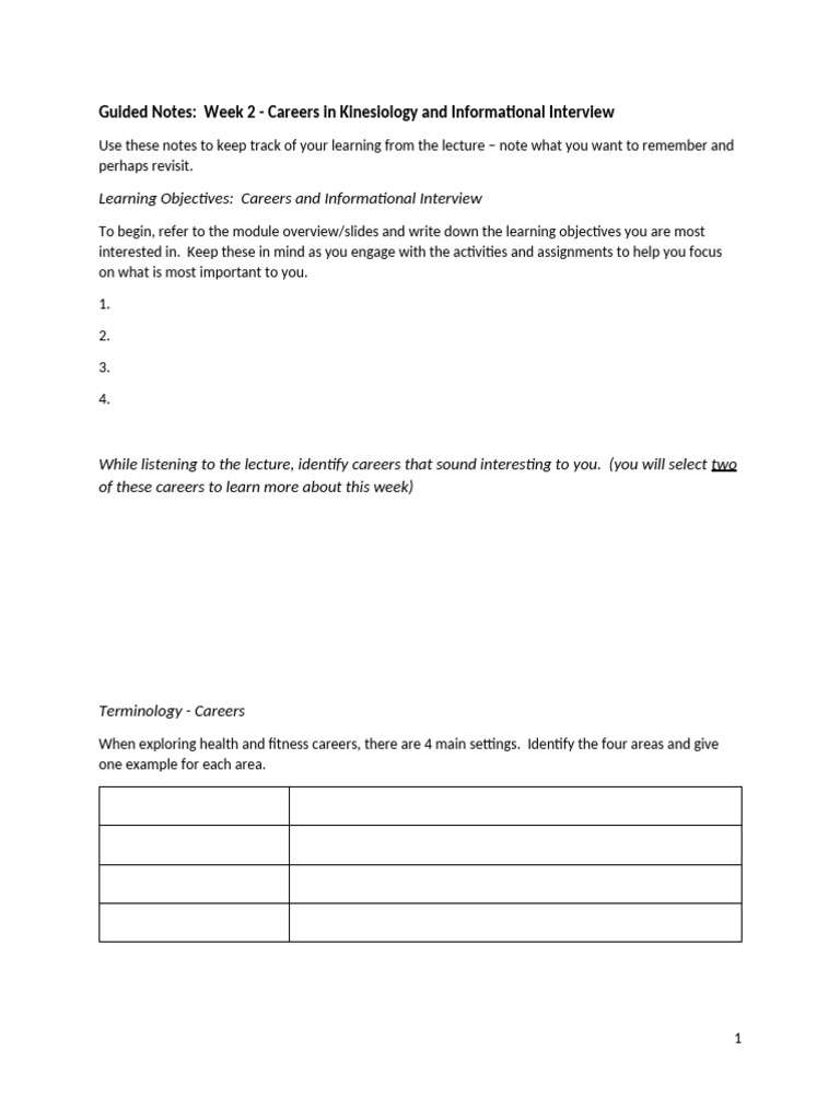 Week 2 Careers in Kinesiology and Informational Interview (2) - 1 | PDF