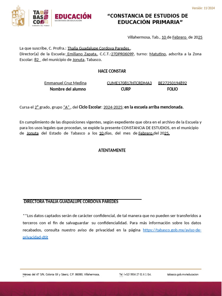 Constancia de Estudios de Educación Primaria 2024-2025 | PDF
