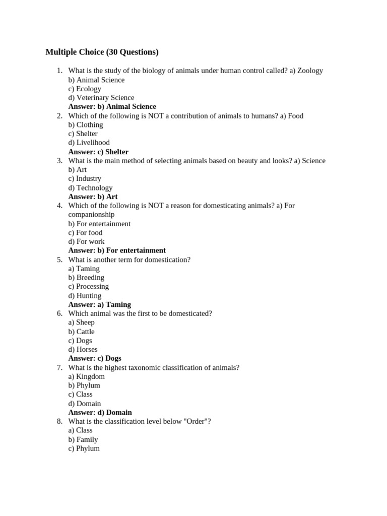 Animal Science Quiz: 90 Questions & Answers | PDF | Domestication | Cattle