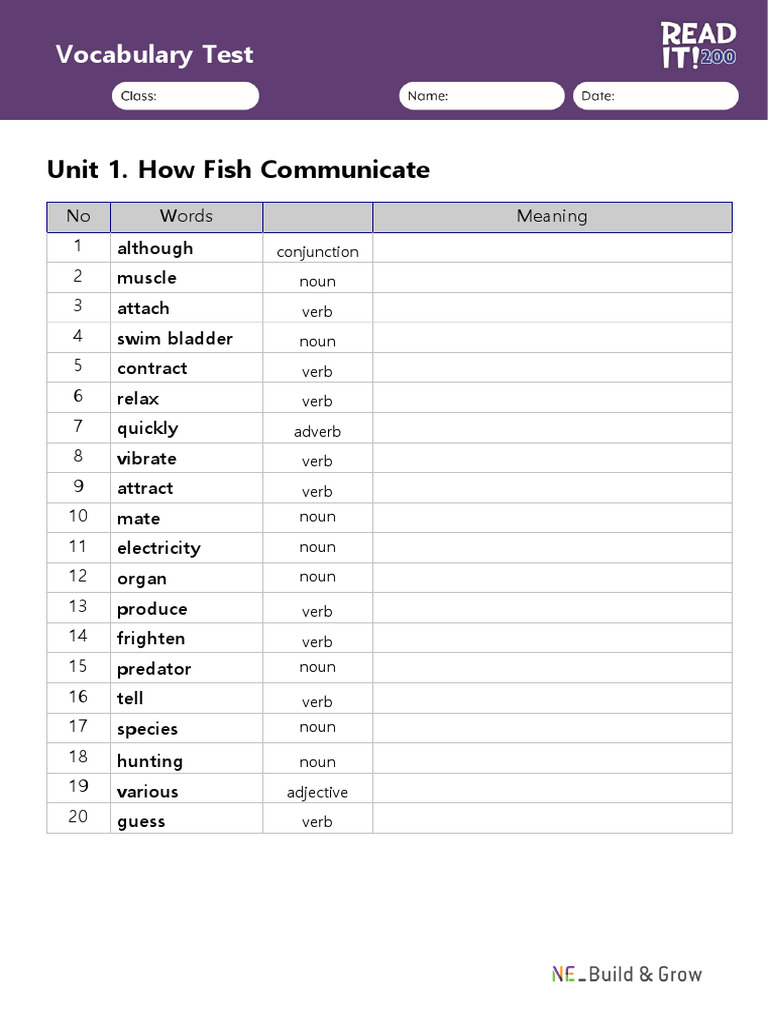 Read It! 200-2 Vocabulary Tests | PDF | Verb | Adjective