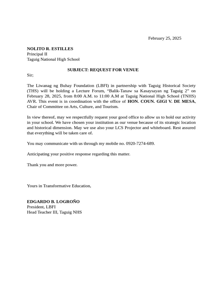 Letter Request For Venue | PDF