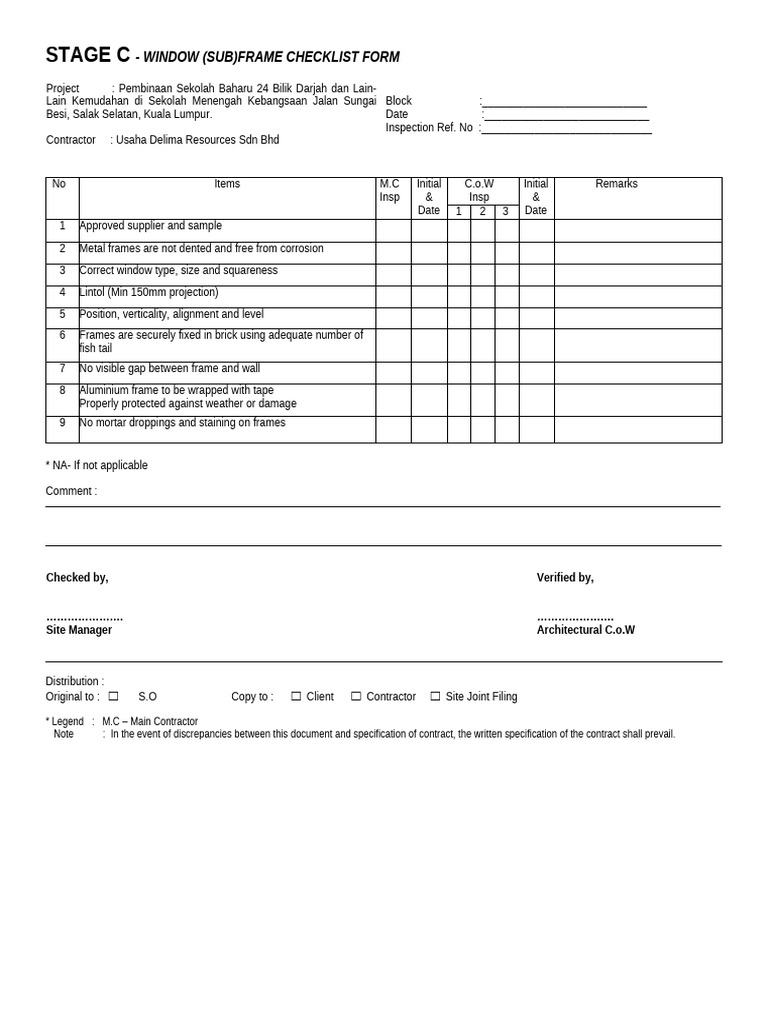 Stage C - Window (Sub)Frame Inspection Form | PDF