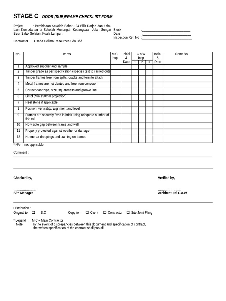 Door Frame Inspection Checklist Form | PDF