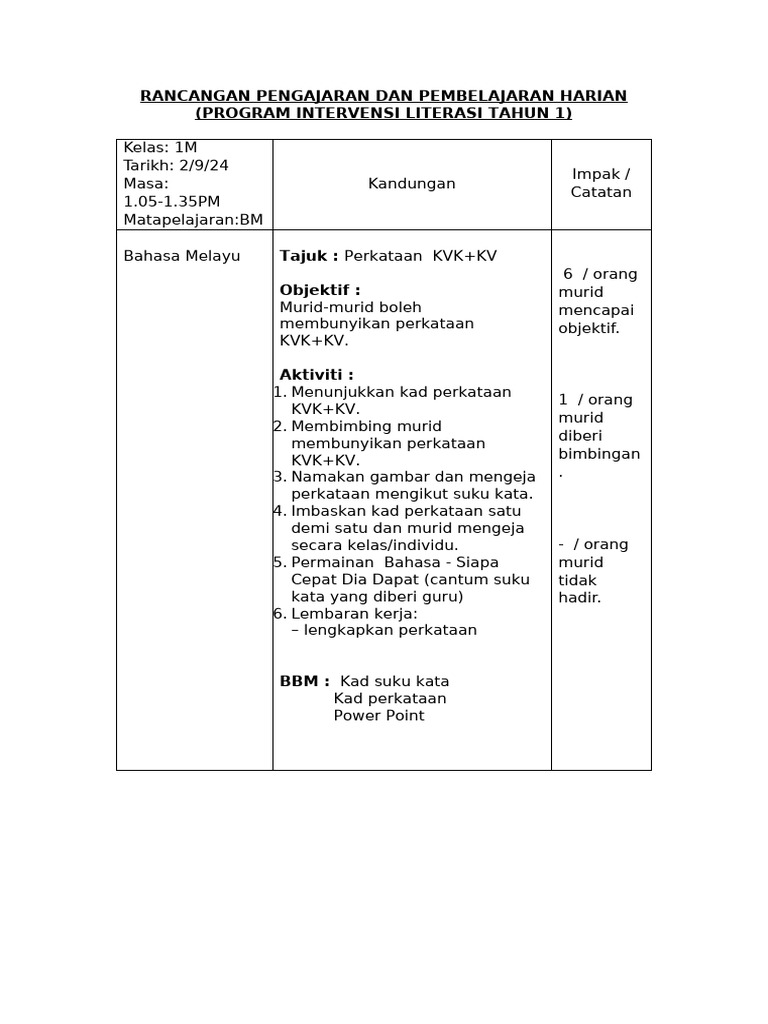 RPH M9 (2 Hingga 6.9.24) | PDF