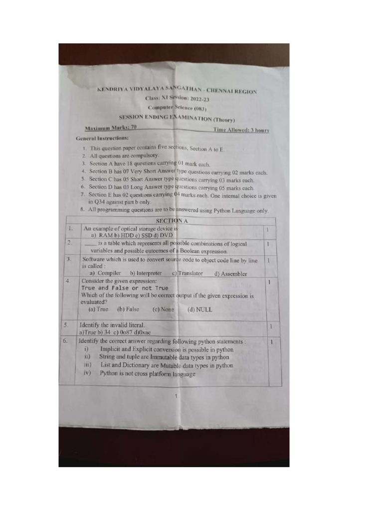 11th Class CS Annual Exam Paper 2022-23 | PDF