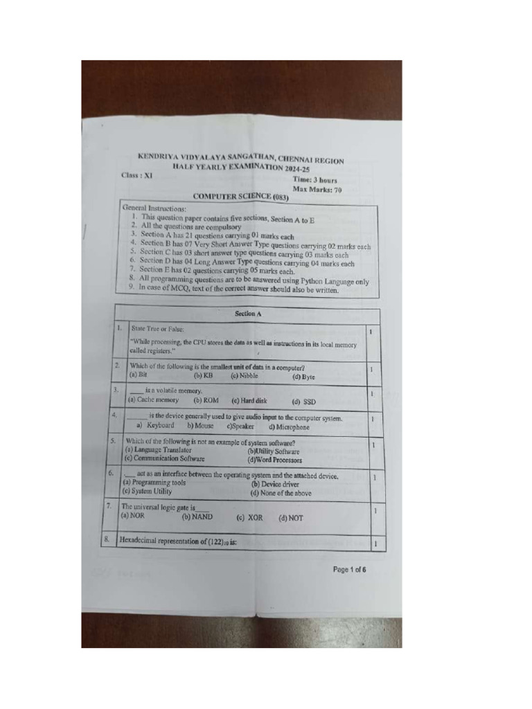 11th class CS Half Yearly Exam 2024-25 | PDF