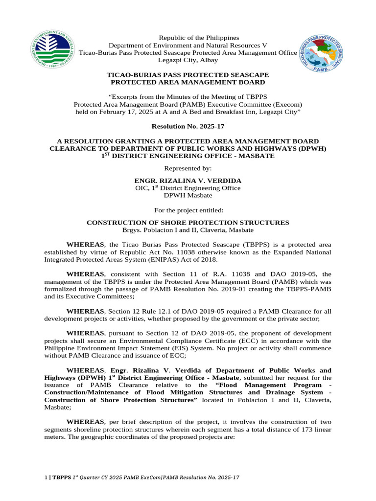 PAMB Clearance for Shore Protection Project | PDF | Natural Environment ...