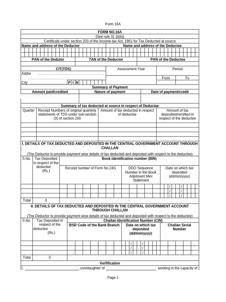 Form 16A: TDS Certificate Template | PDF | Taxation | Payments