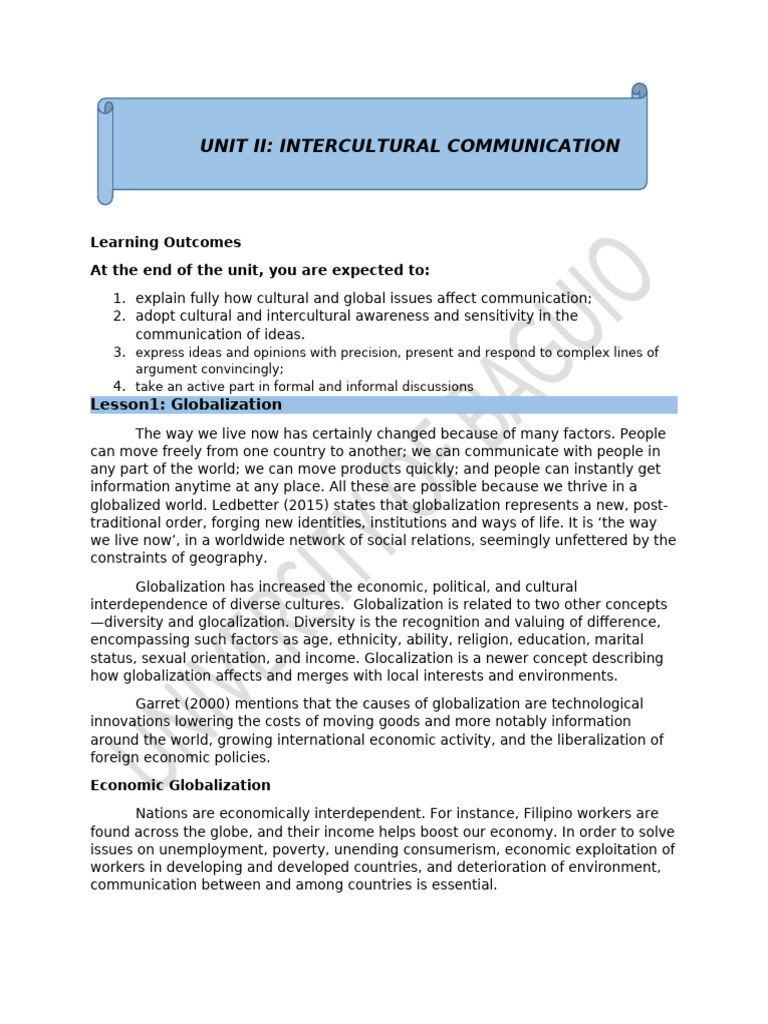 Unit 2 Intercultural Communication | PDF | Globalization | Nonverbal Communication