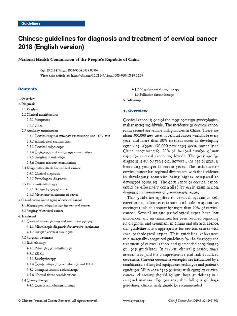 Chinese Guidelines for Diagnosis and Treatment of | PDF | Cervical Cancer | Radiation Therapy