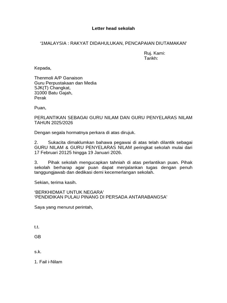 Surat Lantikan Guru Nilam 2025/2026 | PDF