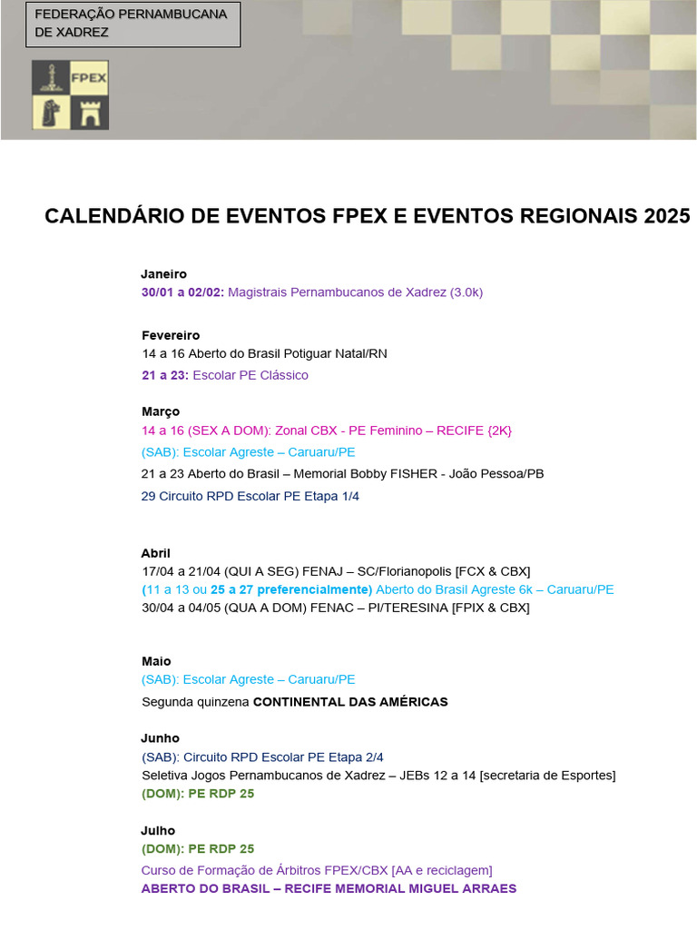 Calendario FPEX 2025 | PDF | Xadrez | Esportes