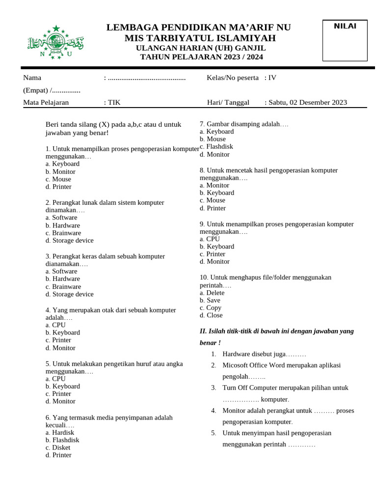 soal pts ganjil kelas 4 | PDF