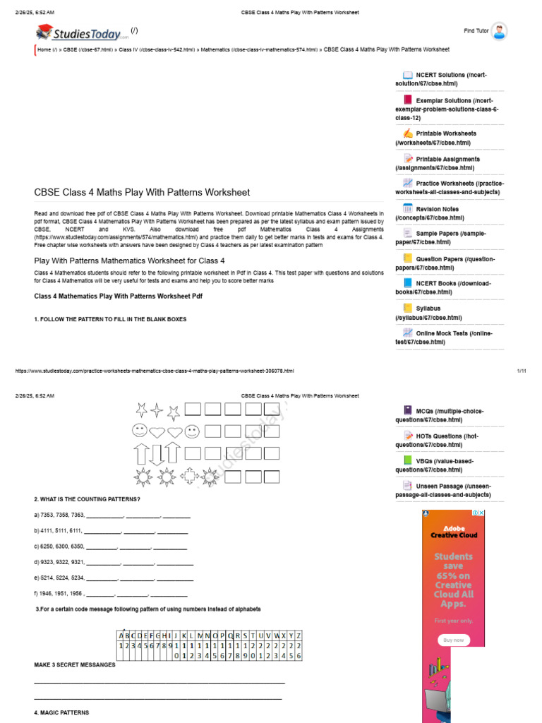 CBSE Class 4 Maths Play With Patterns Worksheet | PDF | Worksheet ...