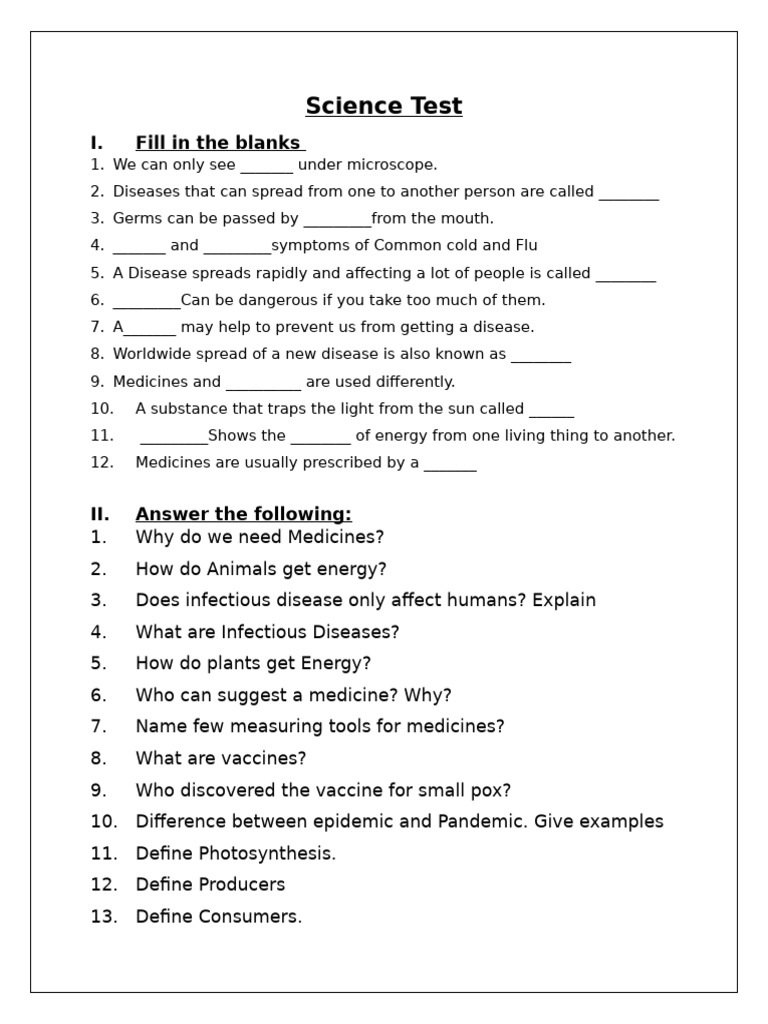 Science Test: Diseases and Energy Concepts | PDF