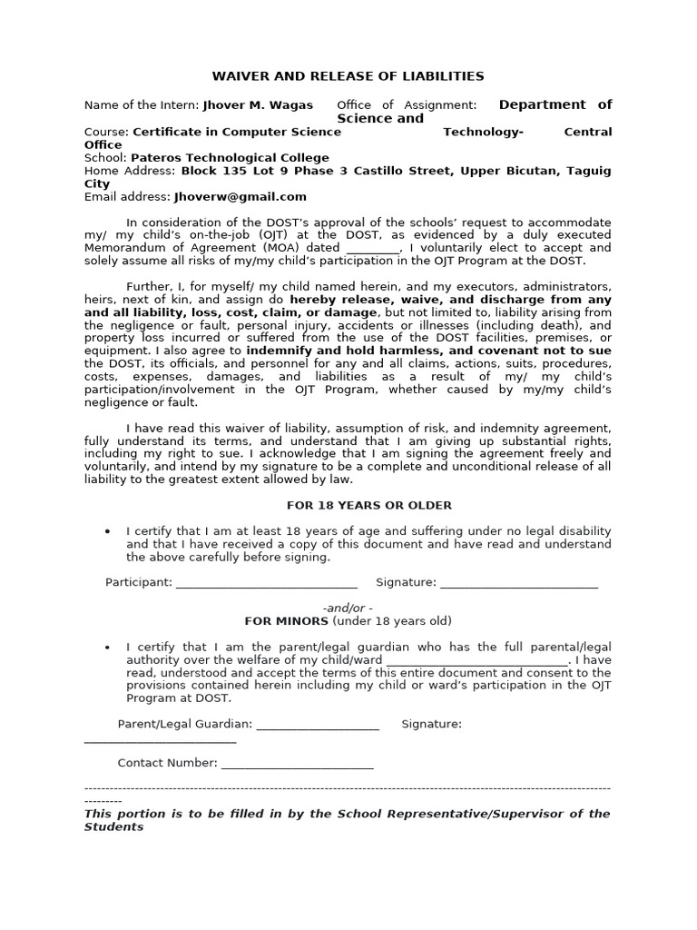 Ojt Accident Waiver and Release of Liability Form | PDF | Indemnity | Private Law