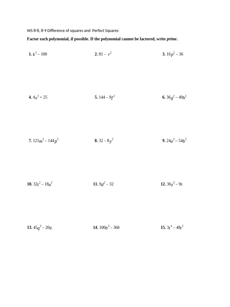 WS 8-8 8-9 Difference of Squares and Perfect Squares | PDF