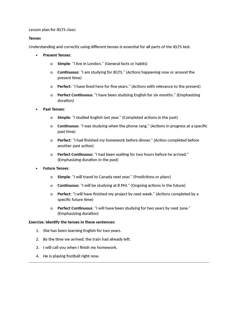 IELTS Grammar Lesson Plan: Tenses & Conditionals | PDF | Perfect ...