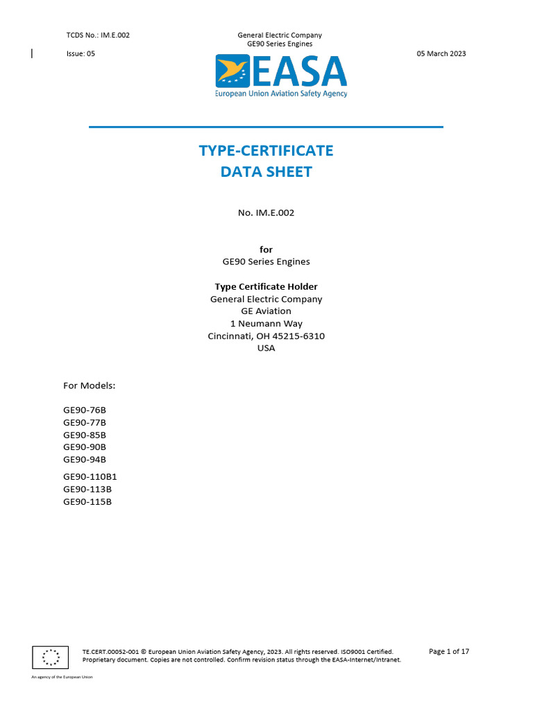 GE90 Type Certificate EASA TCDS IM E 002 GE90 Series Issue5 | PDF | Propulsion | Aviation
