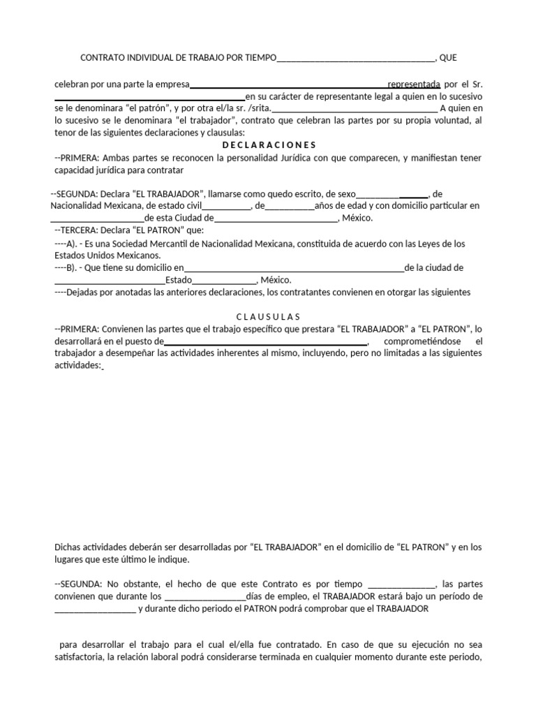 CONTRATO INDIVIDUAL DE TRABAJO Formato | PDF