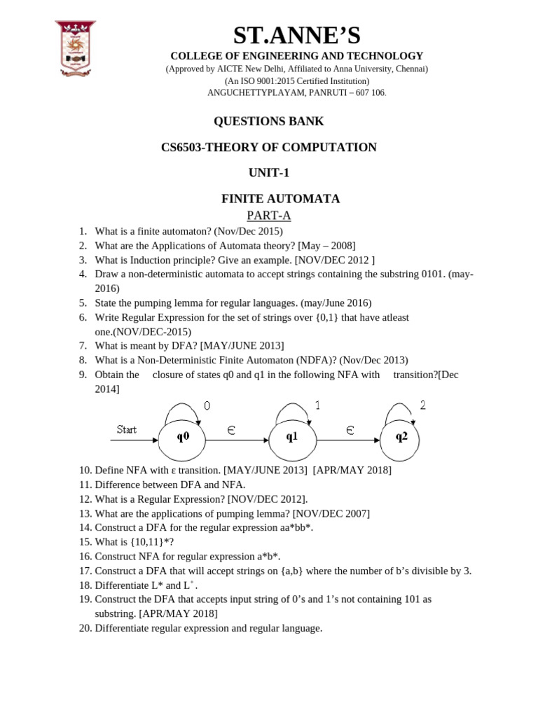 CS6503-THEORY OF COMPUTATION-1977516805-updated TOC | PDF | Formalism (Deductive) | Metalogic