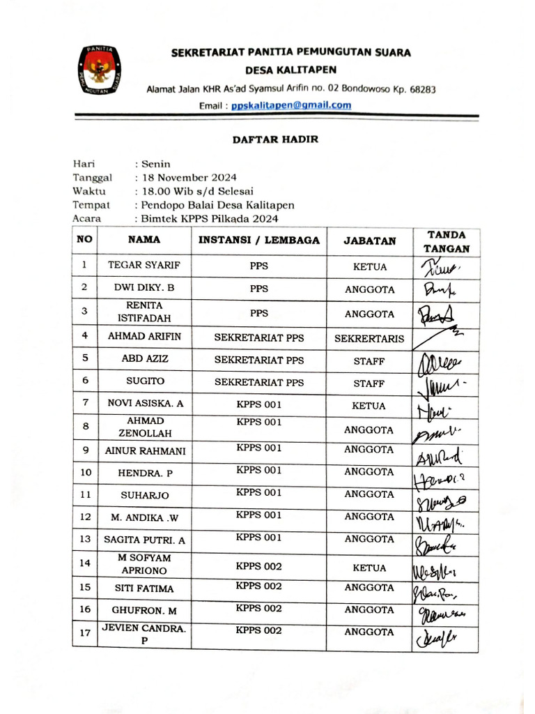 Daftar Hadir Bimtek | PDF