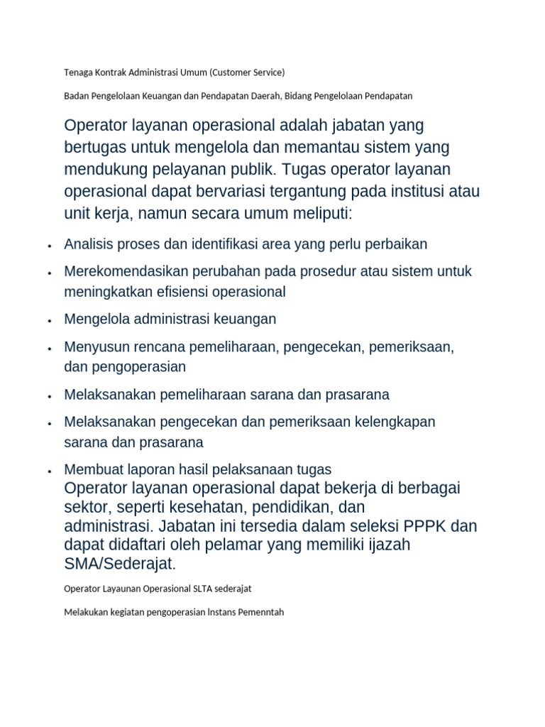 Tugas Operator Pelayanan Operasional Intan | PDF