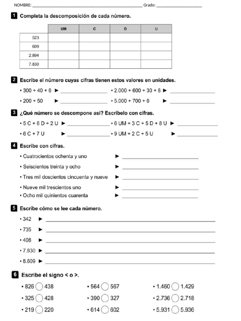 Prueba Valor Posicional UM | PDF