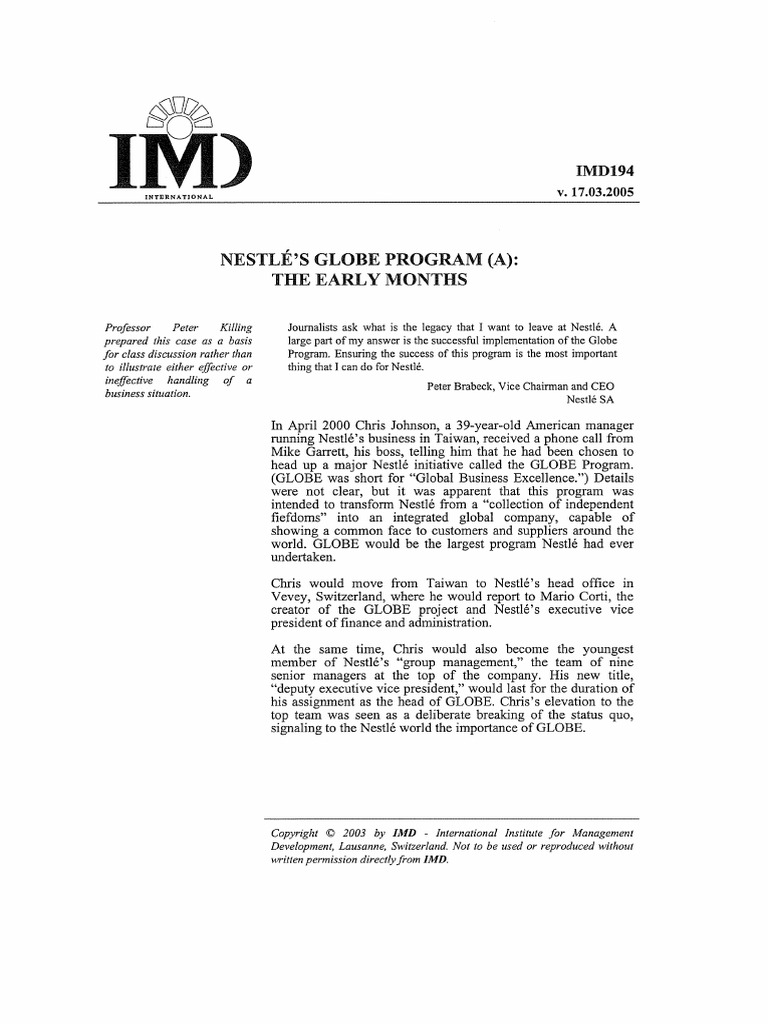 Nestle's Globe Program (A) The Early Months | PDF