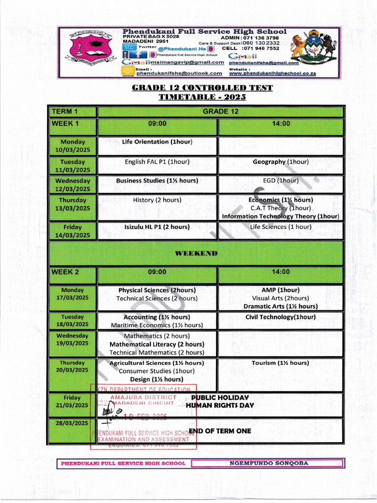 Grade 12 March Common Tests Timetable | PDF