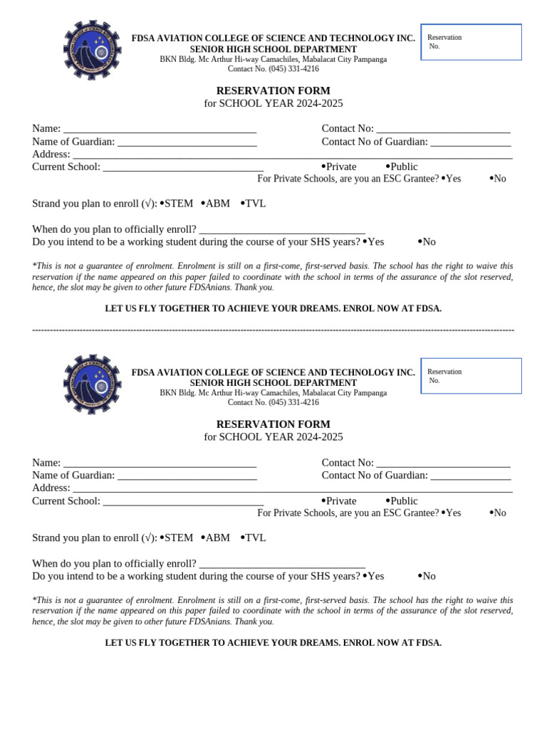 FDSA Senior High School Reservation Form | PDF