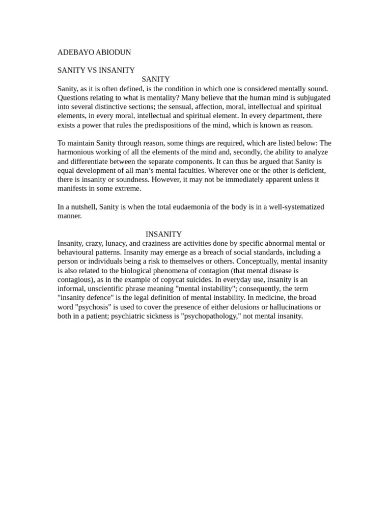 Understanding Sanity and Insanity | PDF