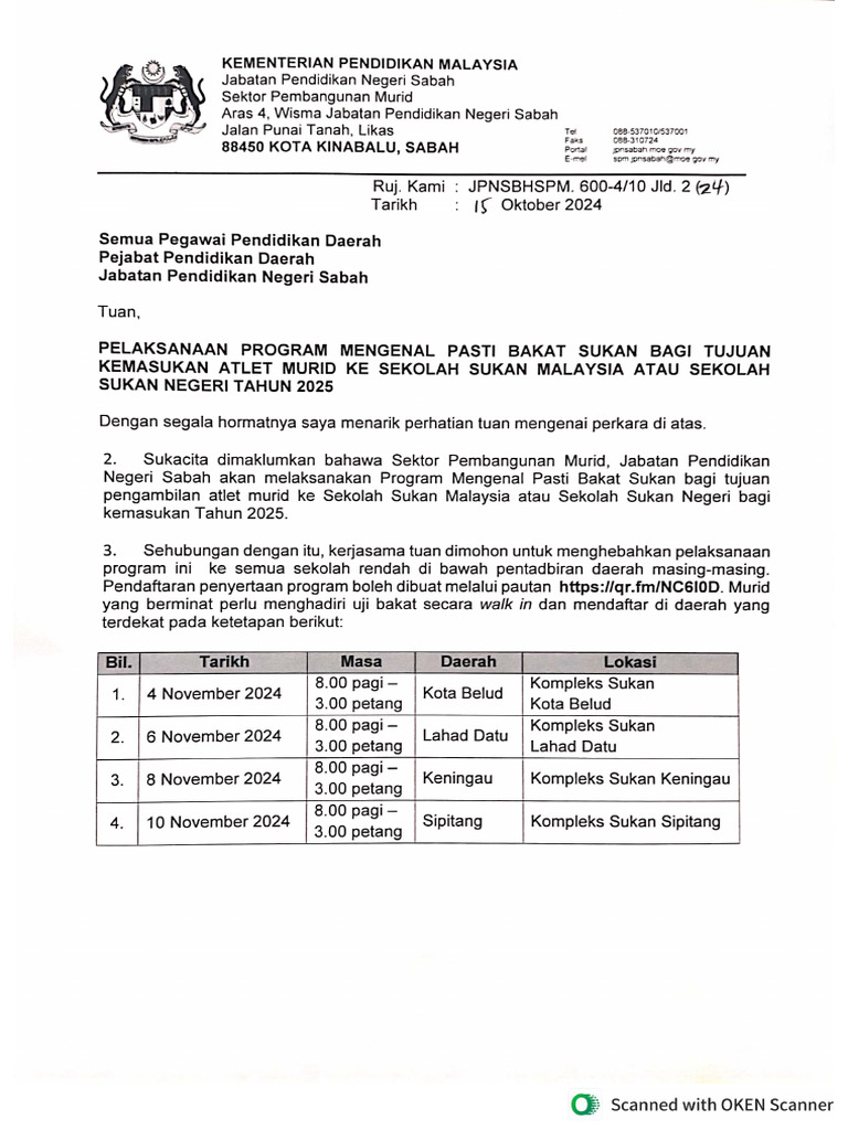 Surat Hebahan Pelaksanaan Program TID Utk Kemasukan Ke Sekolah Sukan ...