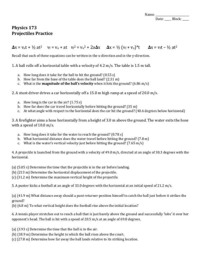Physics 173 Angled Projectiles Practice Updated | PDF | Projectiles | Mechanics