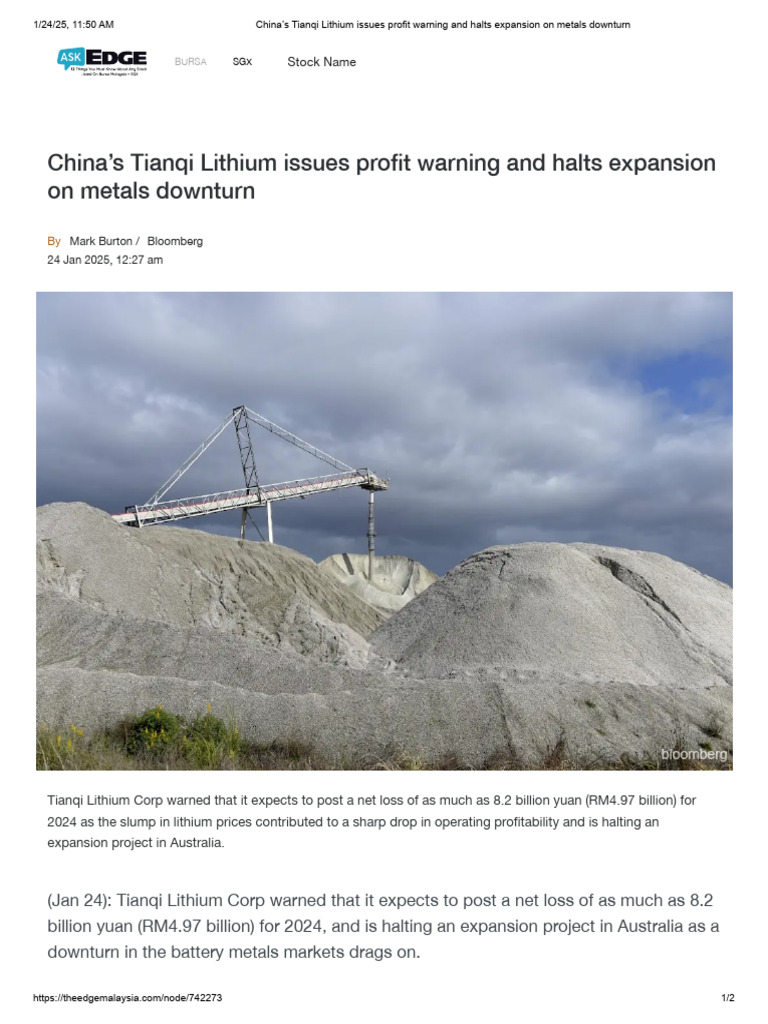 China's Tianqi Lithium Issues Profit Warning and Halts Expansion On ...