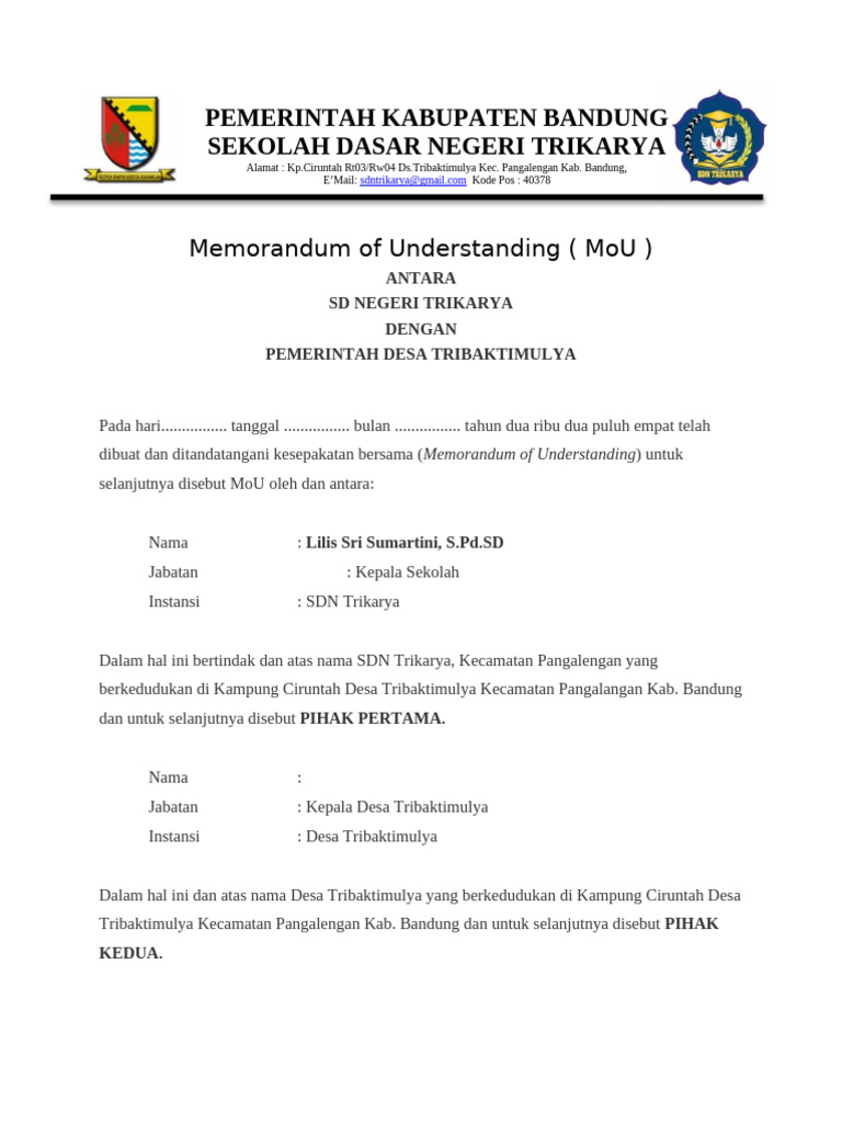 MoU SDN Trikarya dan Desa Tribaktimulya | PDF