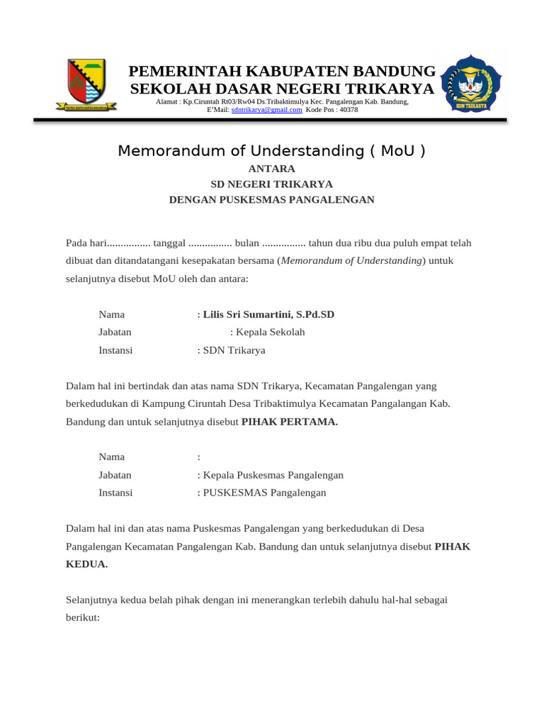 MoU Kerjasama SDN Trikarya Dan Pusmeskas | PDF