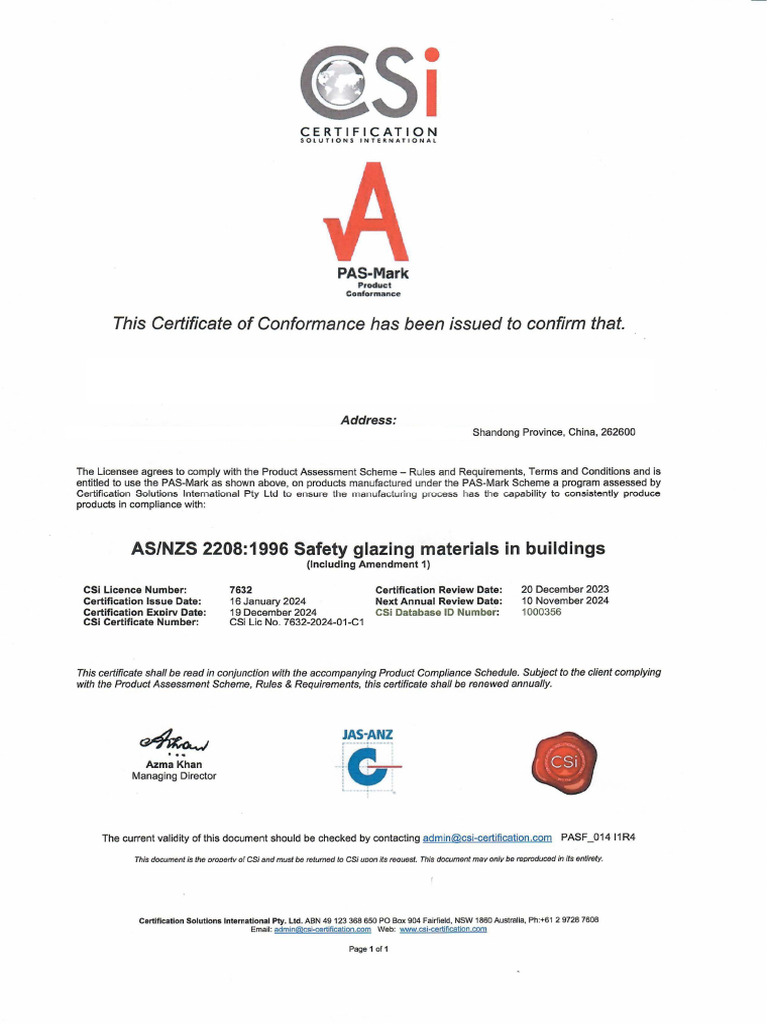 AS NZS 2208 - Glass Certificate | PDF
