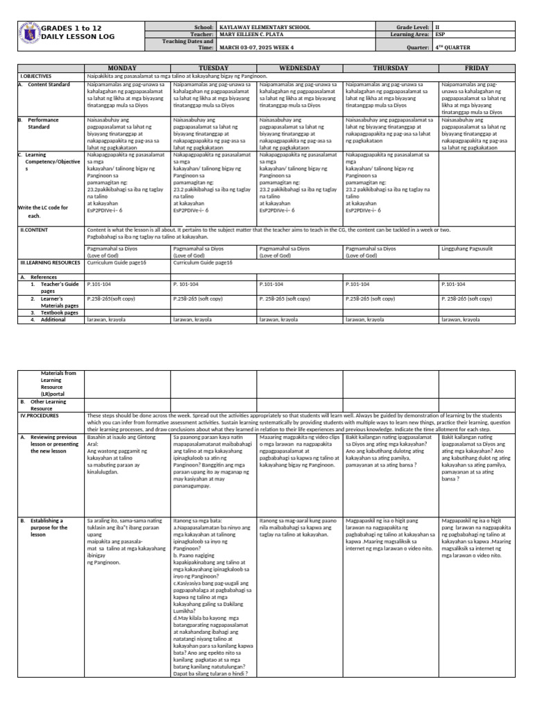 Grade 2 DLL ESP 2 Q4 Week 4 | PDF
