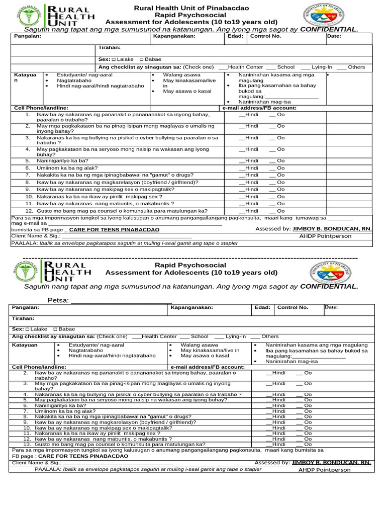Rapid HEEADSSS Assessment Form | PDF
